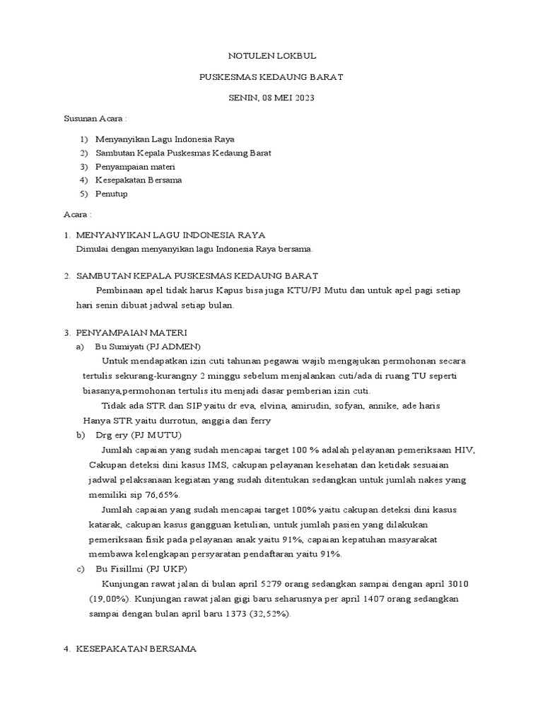 Notulen Lokbul Puskesmas 08 Mei | PDF