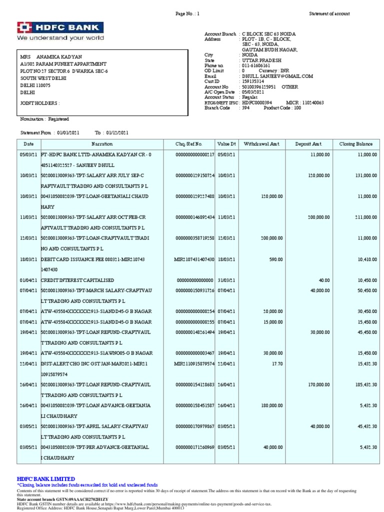 Anamika Bank Statement JD | PDF