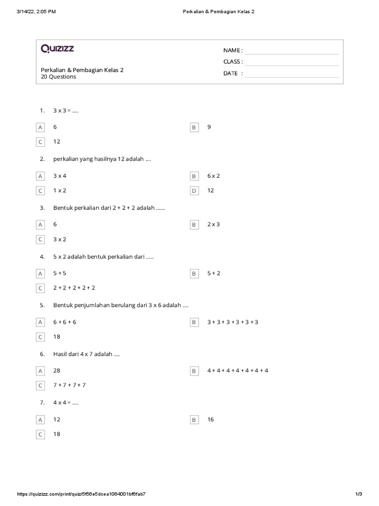 Soal Perkalian dan Pembagian Kelas 2 | PDF