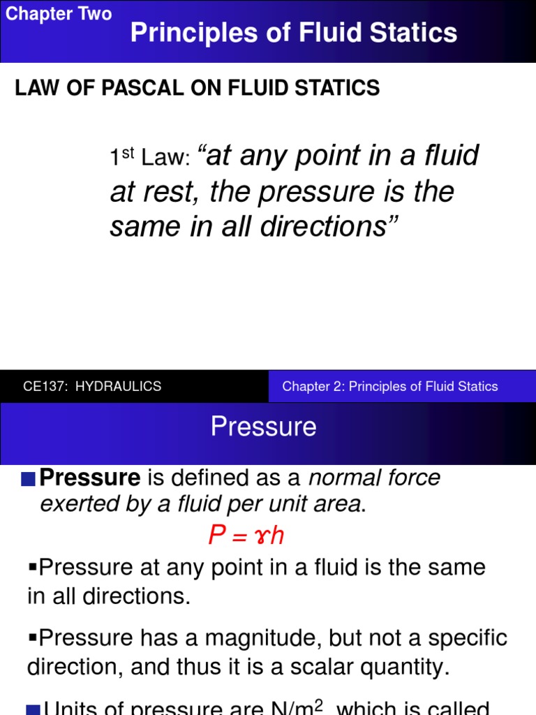Chapter 2 Principles of Fluid Statics | PDF | Pressure | Pressure ...