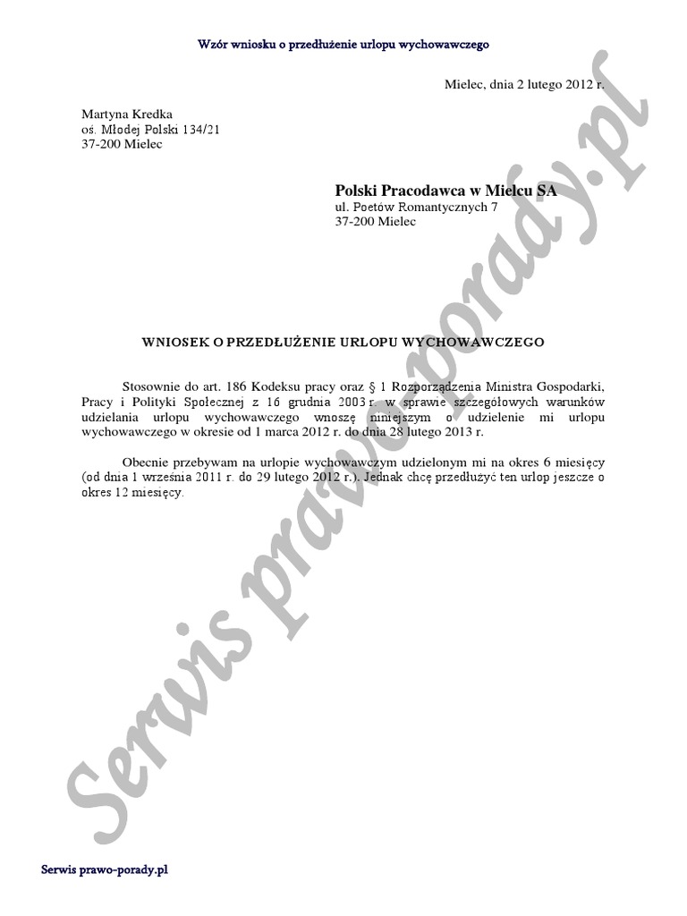 Wniosek o Przedłużenie Urlopu Wychowawczego - Wzór | PDF