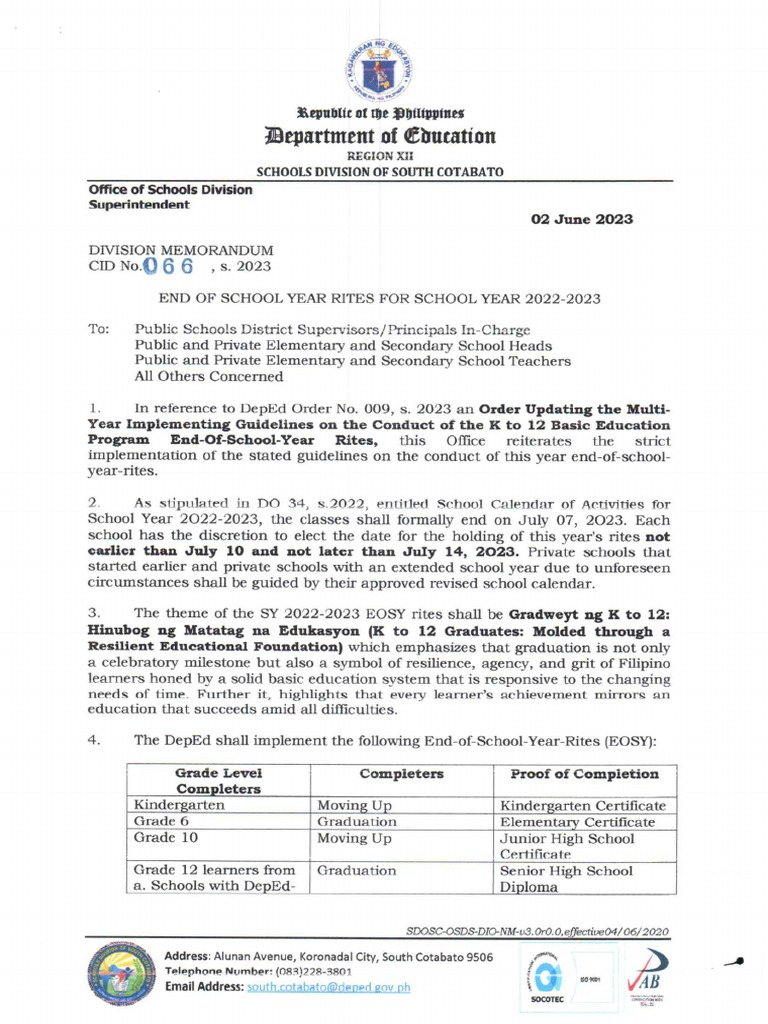 DM CID No. 066, S. 2023-END OF SCHOOL YEAR RITES FOR SCHOOL YEAR 2022 ...
