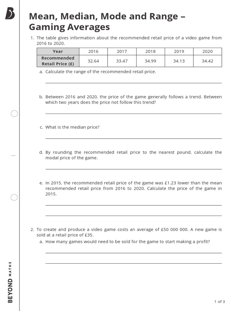 Mean, Median, Mode and Range - Gaming Averages | PDF