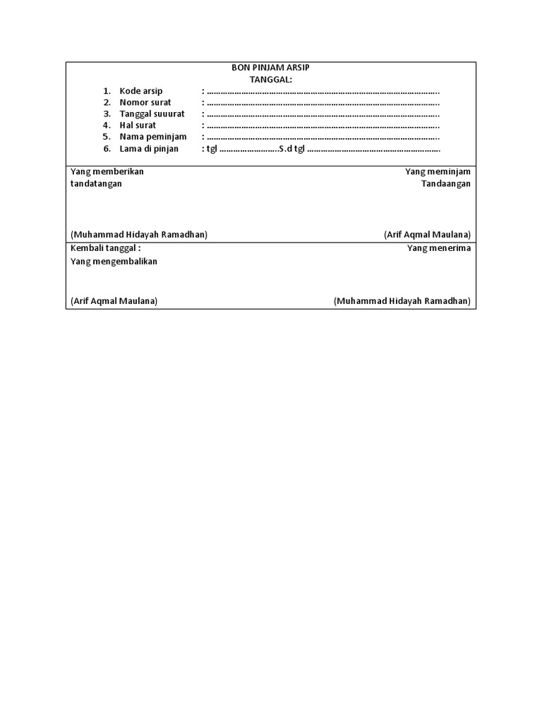 Contoh Bon Pinjam Arsip | PDF