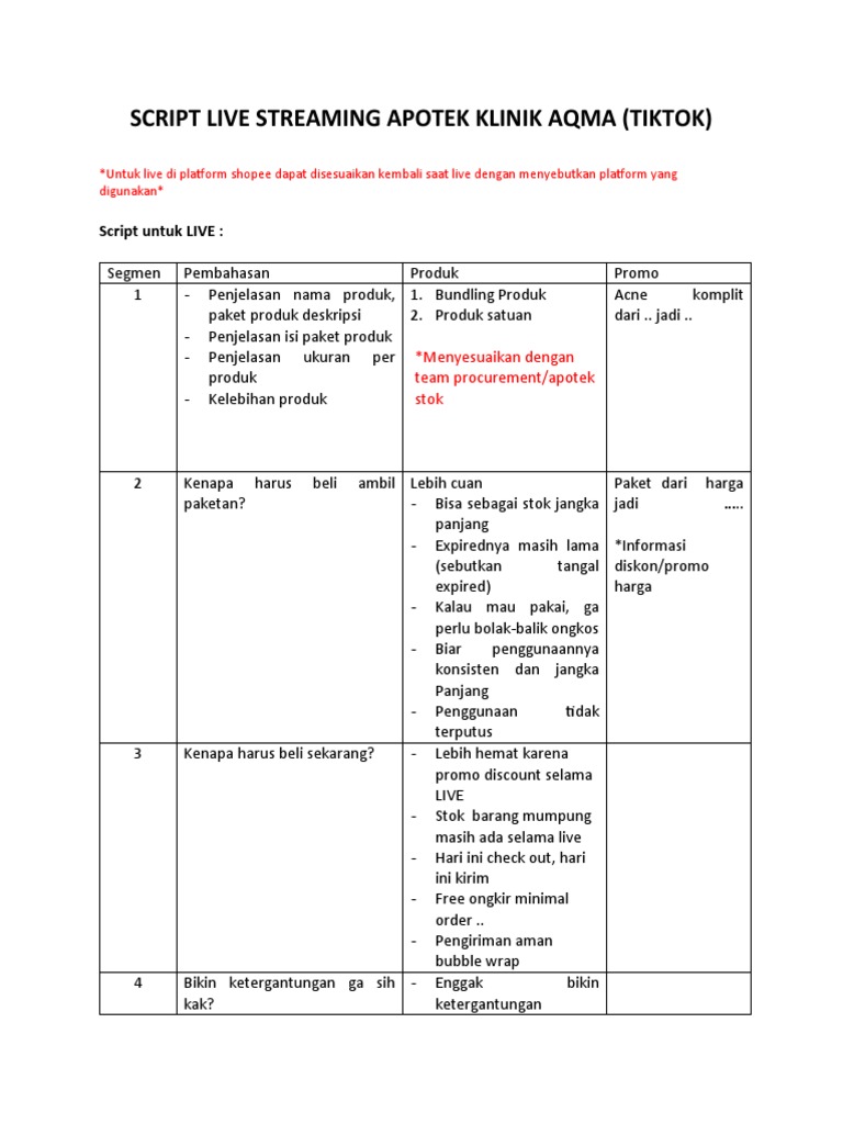 Script Live Tiktok Apotek Klinik Aqma | PDF