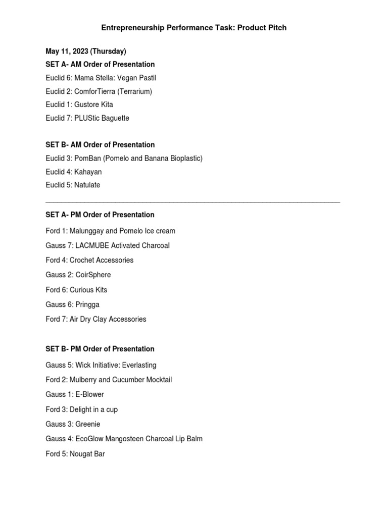 May 11 Entrep Product Pitch Order of Presentation | PDF