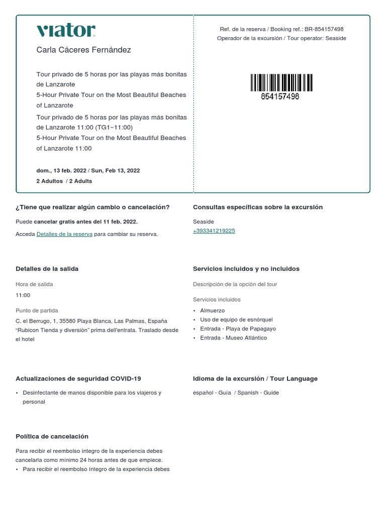 Ticket Viator Carla Caceres Fernandez BR 854157498 | PDF