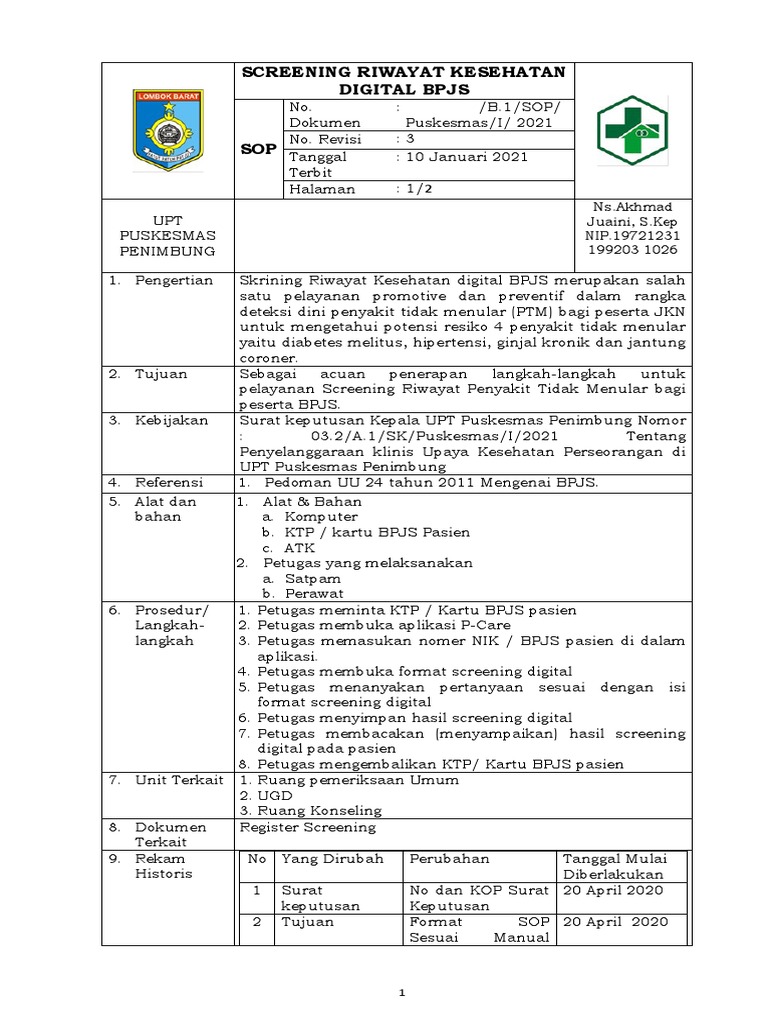 Sop Screening Digital BPJS | PDF