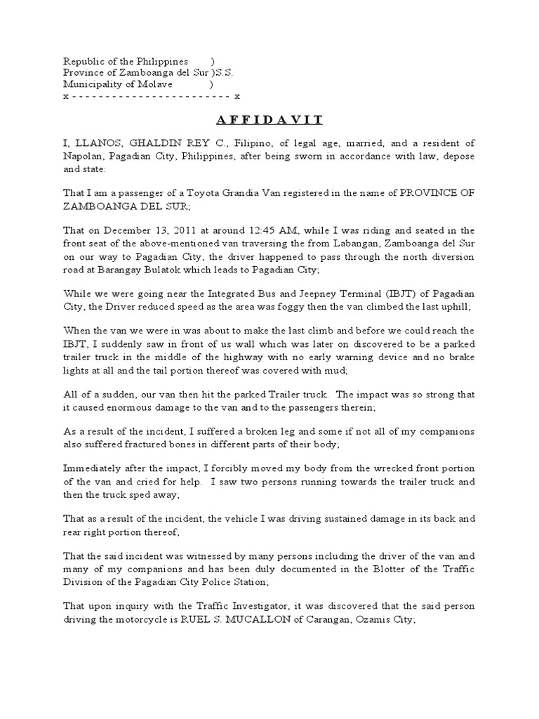 Affidavit in support for complaint for reckless imprudence | PDF