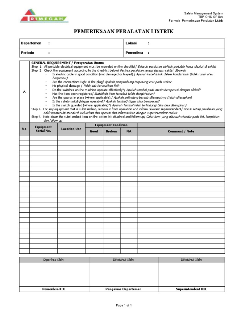 Formulir Pemeriksaan Peralatan Listrik | PDF