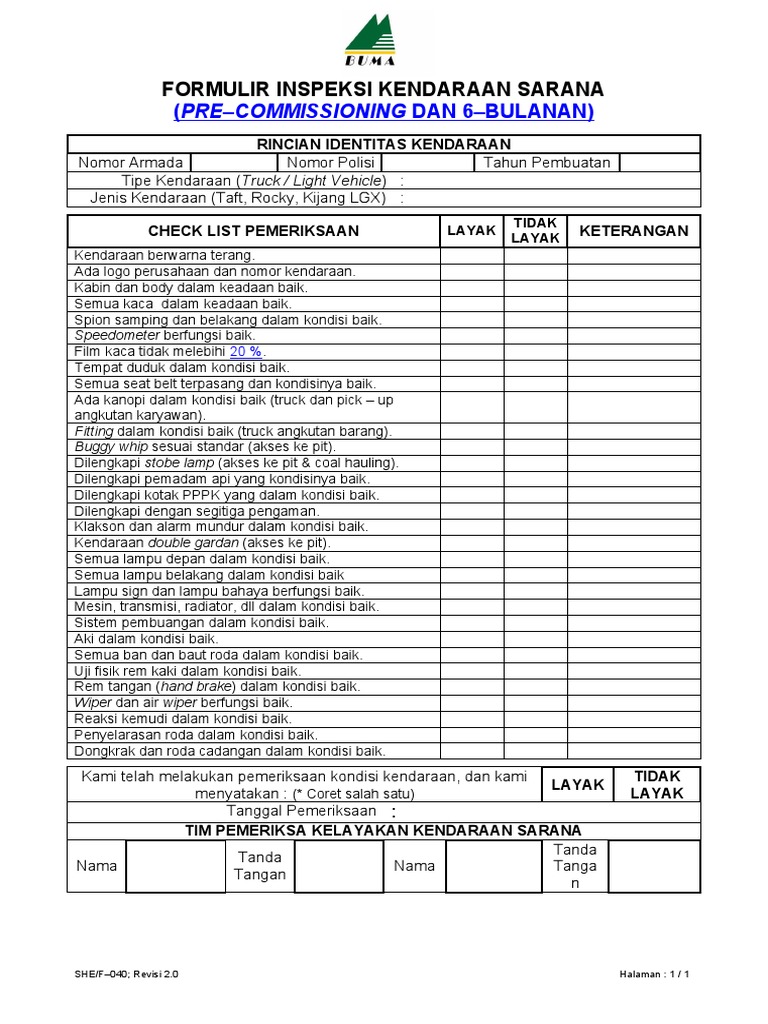 SOP Inspeksi Kendaraan Sarana | PDF