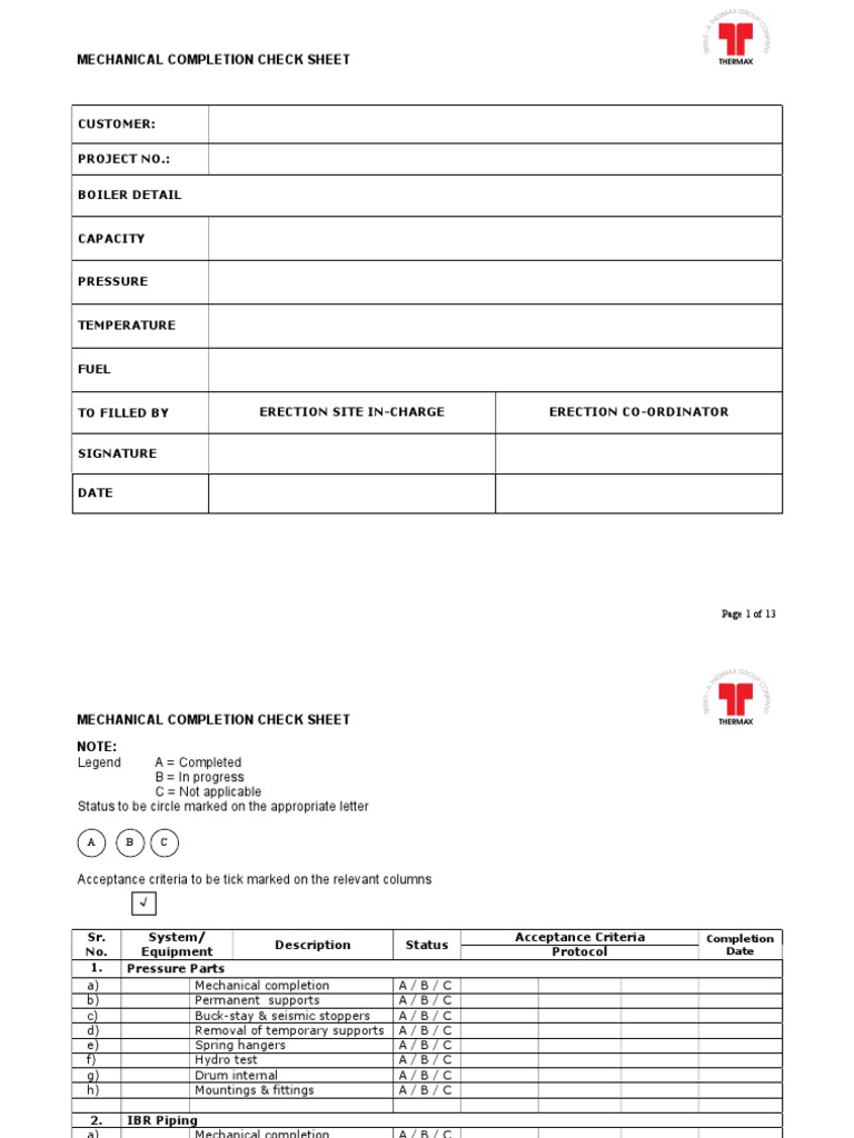 Mechanical Completion Checksheet | PDF