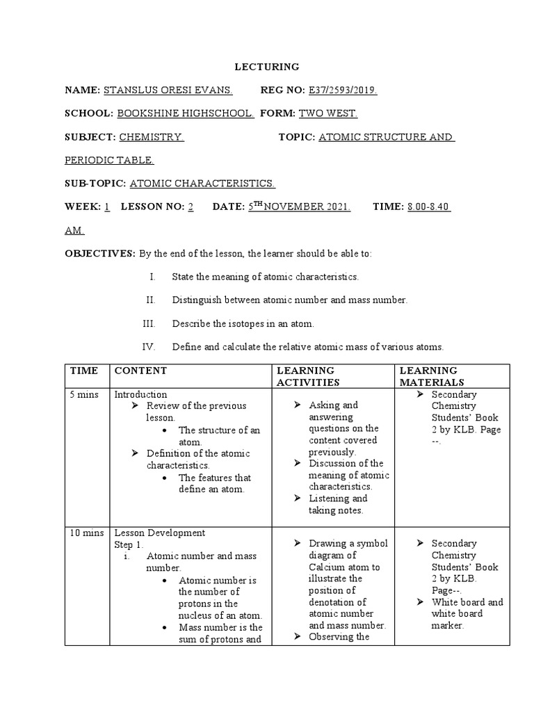F2. Chemistry Lesson Plan 40mins. | PDF