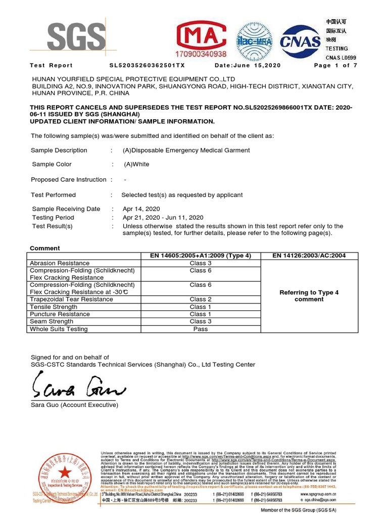 医用一次性防护服检测报告 最终SGS | PDF