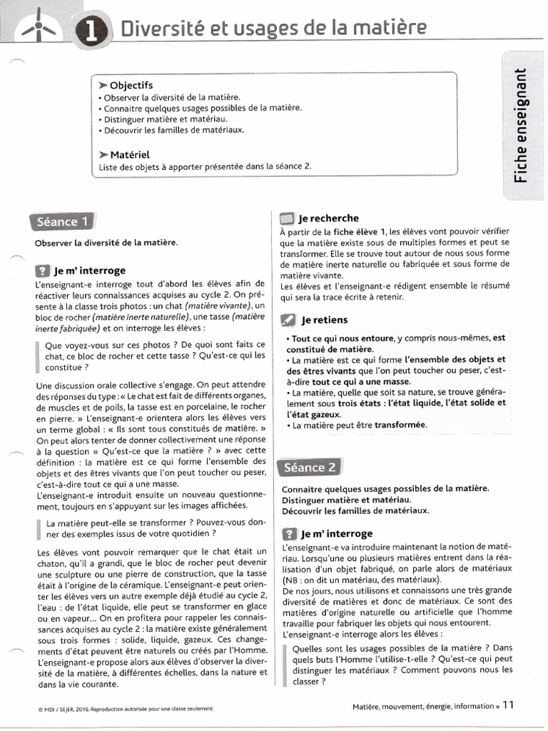 MDI Sciences (Cycle 3) 1 - Diversité Et Usages de La Matière | PDF