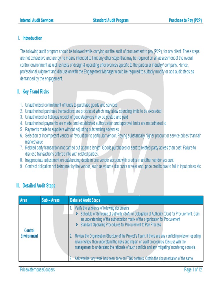 Standard Audit Program - Procure To Pay - Final | PDF