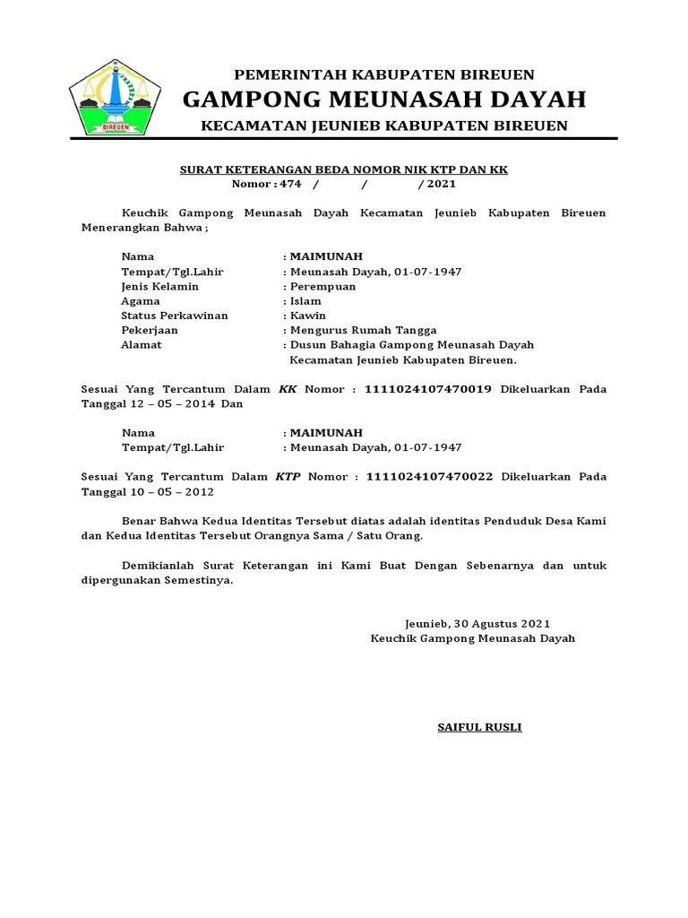 Surat Keterangan Beda Nomor Nik KTP Dan KK | PDF