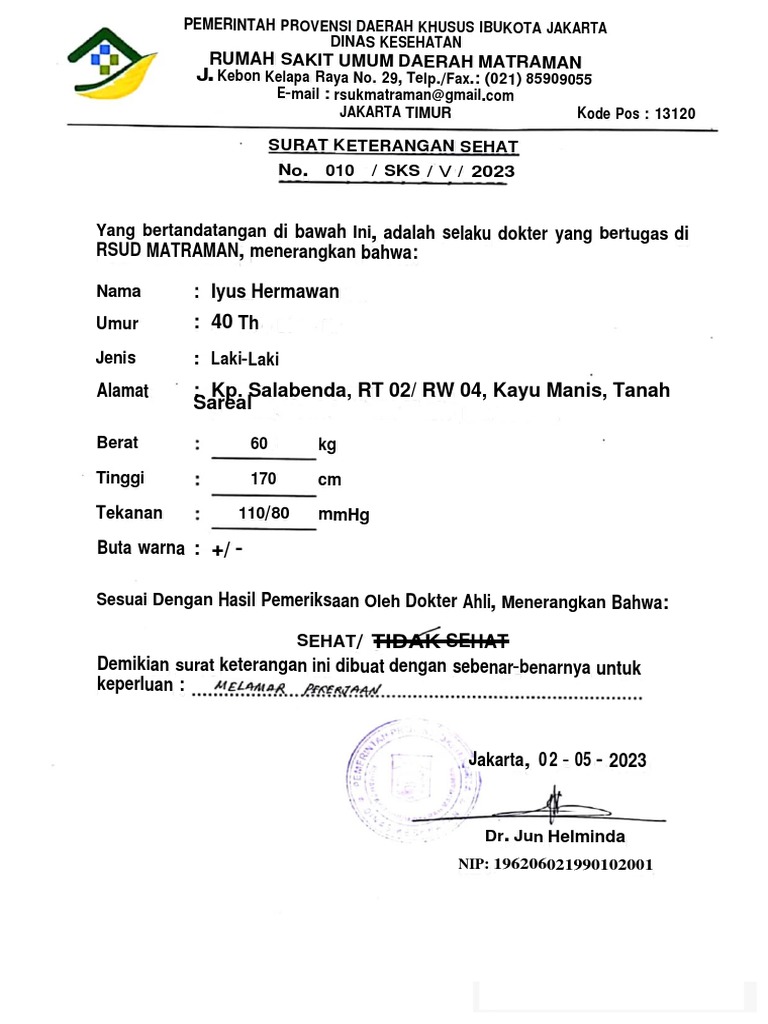 Surat Keterangan Sehat RSUD Matraman | PDF