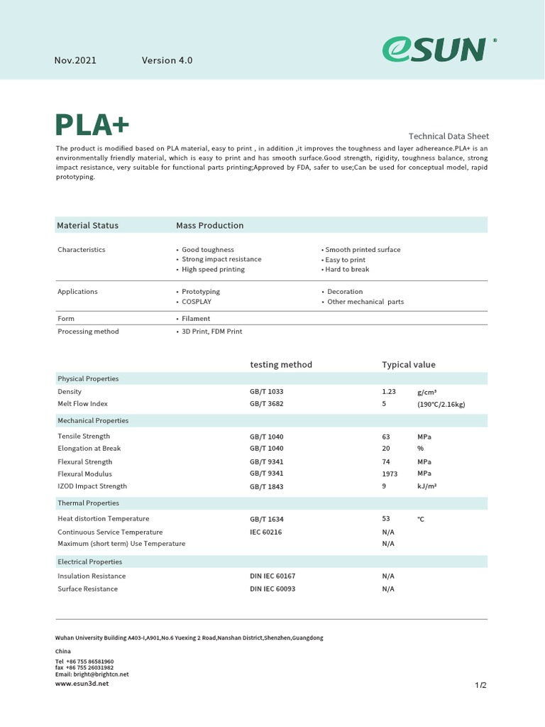 eSUN PLA+ Technical Data Overview | PDF | Strength Of Materials ...
