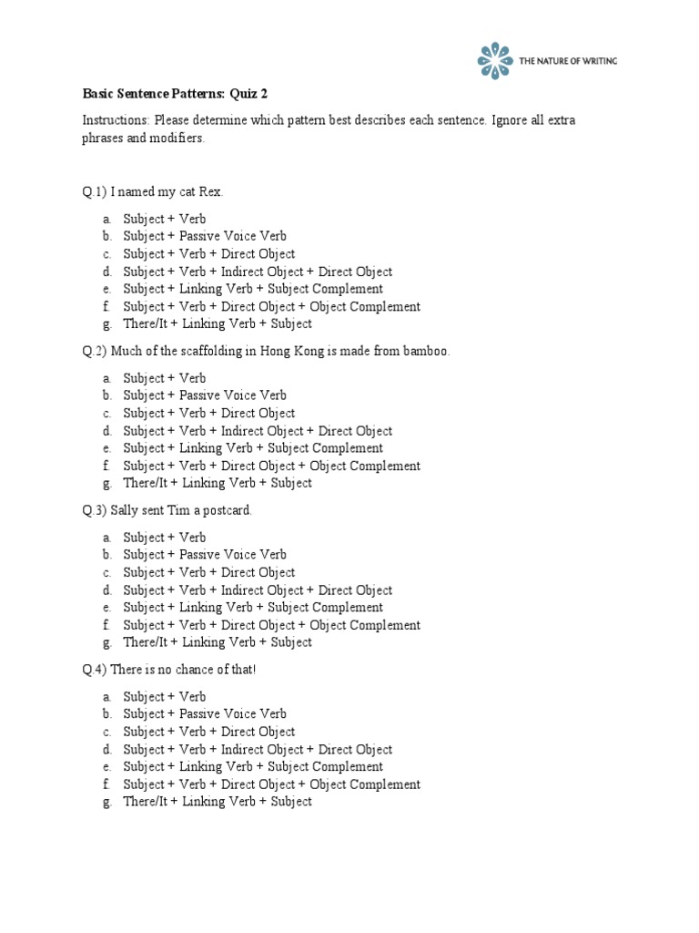 Sentence Patterns Quiz and Answers | PDF | Verb | Subject (Grammar)