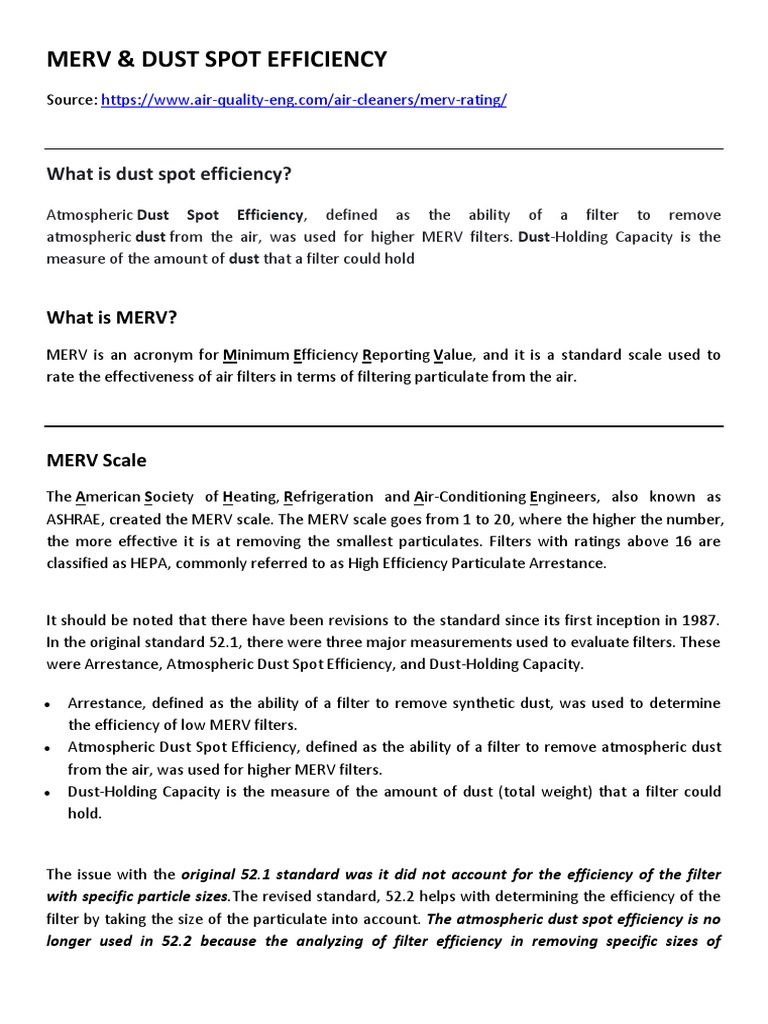 Merv & Dust Spot Efficiency | PDF | Dust | Applied And ...