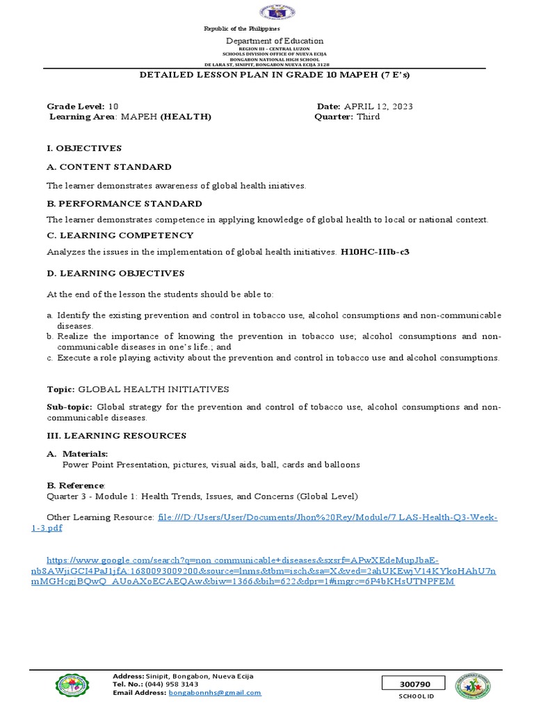 Detailed Lesson Plan in Grade 10 Mapeh | PDF