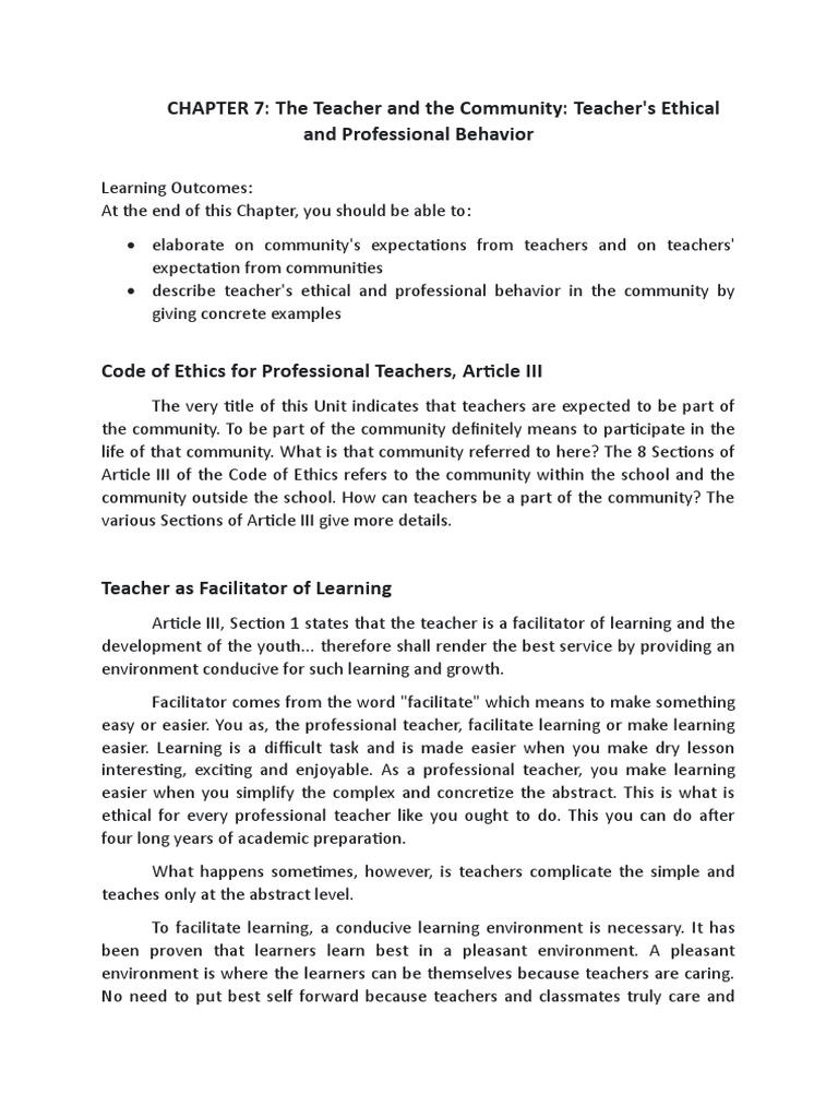 The Teacher and The Community: Teacher's Ethical and Professional Behavior | Download Free PDF ...