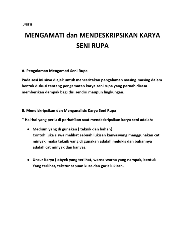UNIT II MENGAMATI Dan MENDESKRIPSIKAN KARYA SENI RUPA | PDF