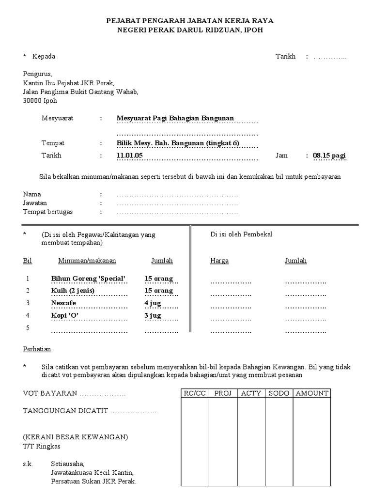 Borang Order Makan | PDF