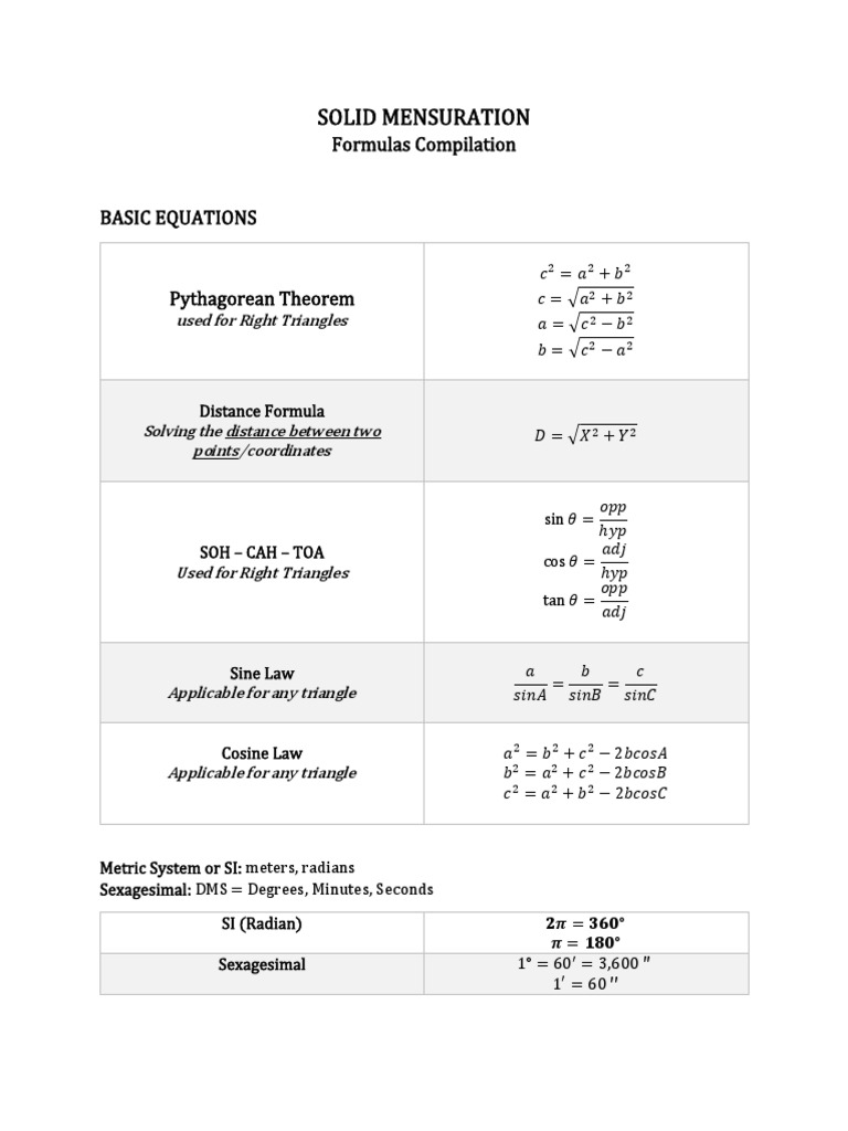 Solid Mensuration Formulas | PDF