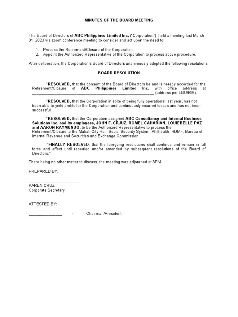 Minutes of The Meeting For Business Closure | PDF