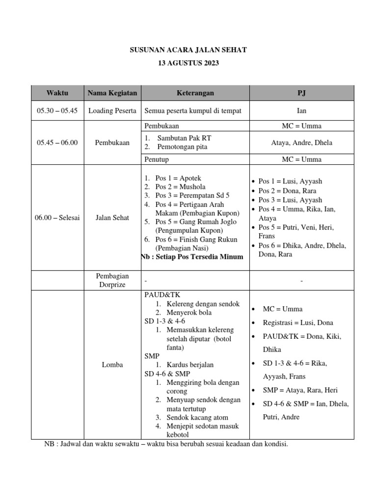 RUNDOWN Jalan Sehat | PDF