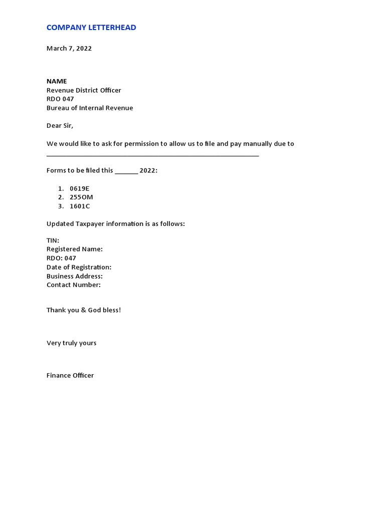 Sample Letter FPR Bir Request For Manual Payment | PDF | Business