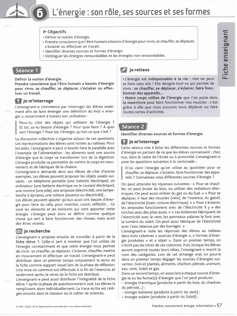 MDI Sciences (cycle 3) 6 - L'énergie, son rôle, ses sources et ses ...