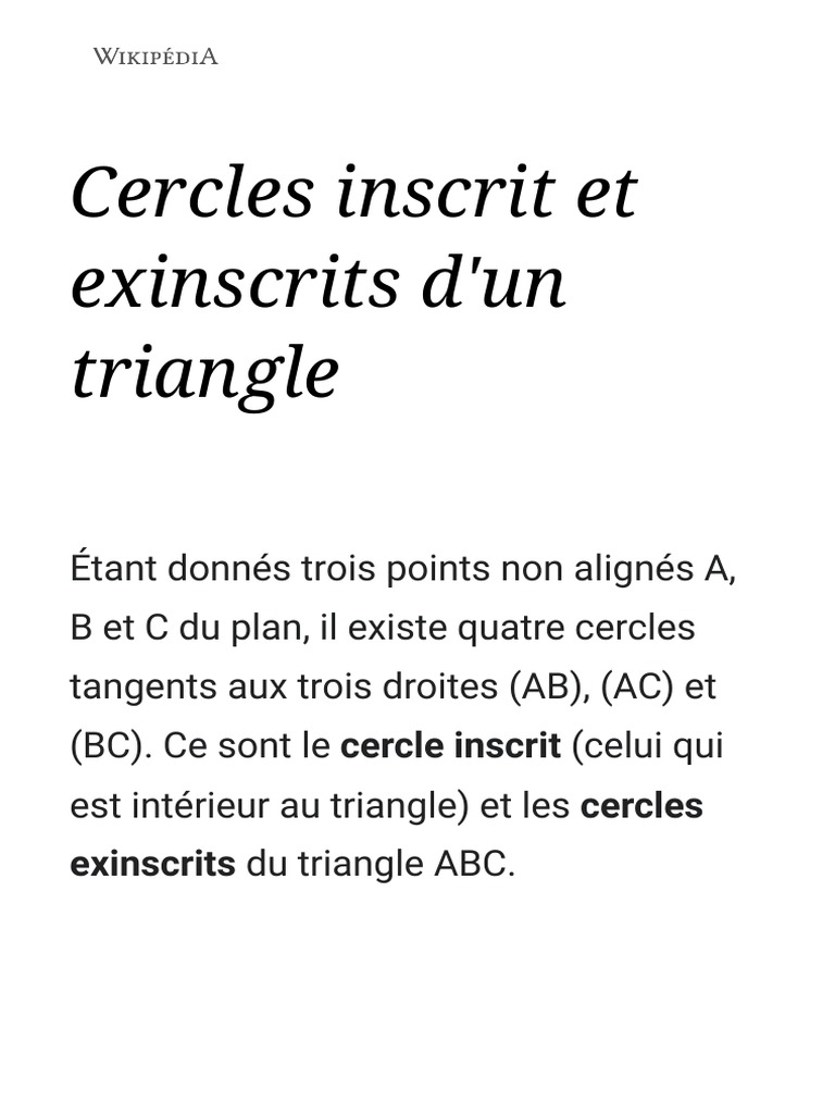 Cercles Inscrit Et Exinscrits D'un Triangle - Wikipédia | PDF