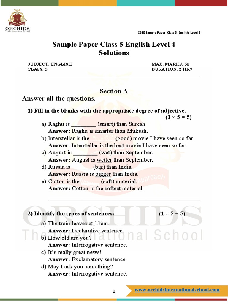 Solution Sample Paper Class 5 English Level 4 | PDF | Train | Adverb