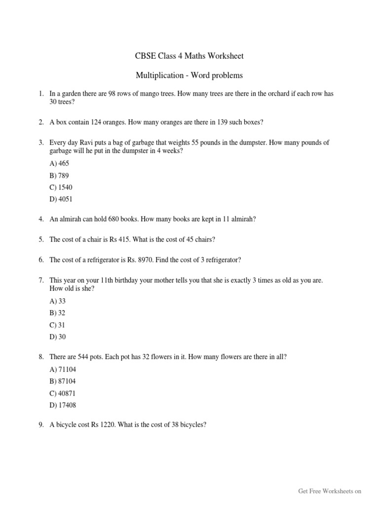 Word Problems CBSE Class 4 Worksheet | PDF