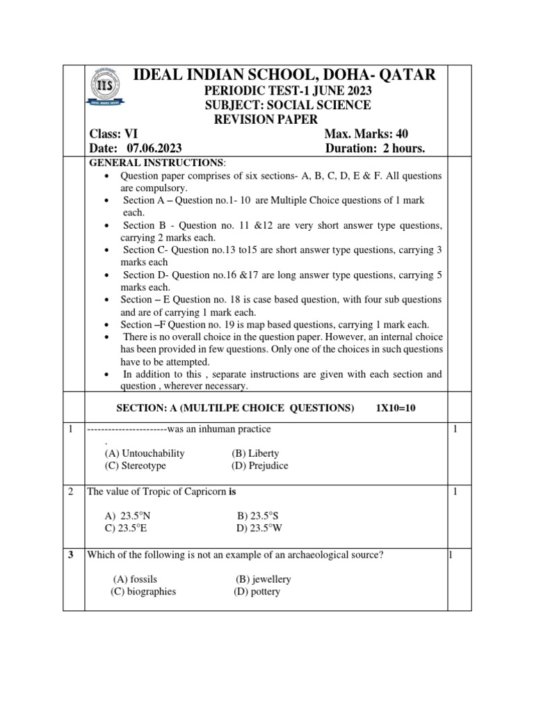 Class 6 - PT 1 Revision Paper Social Science | PDF | Longitude | Equator