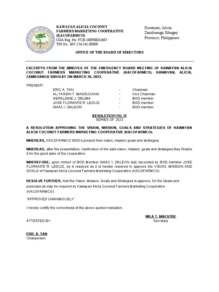 Kacofarmco Resolution No. 35-2023 Approve Vision, Mission and Goals ...