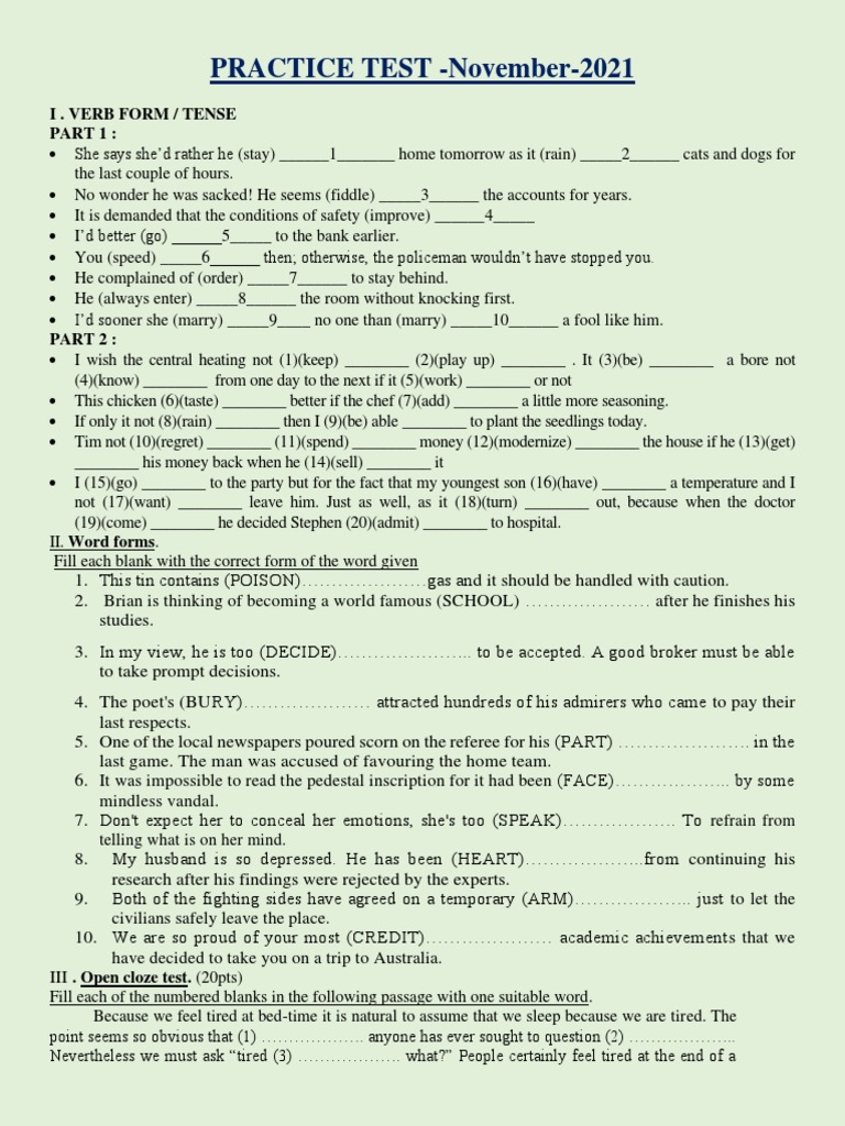PRACTICE TEST - November-2021: I - Verb Form / Tense | PDF