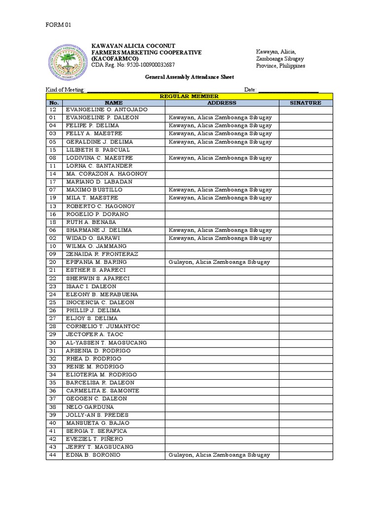 Form 01 Ga Attendance Sheet | PDF