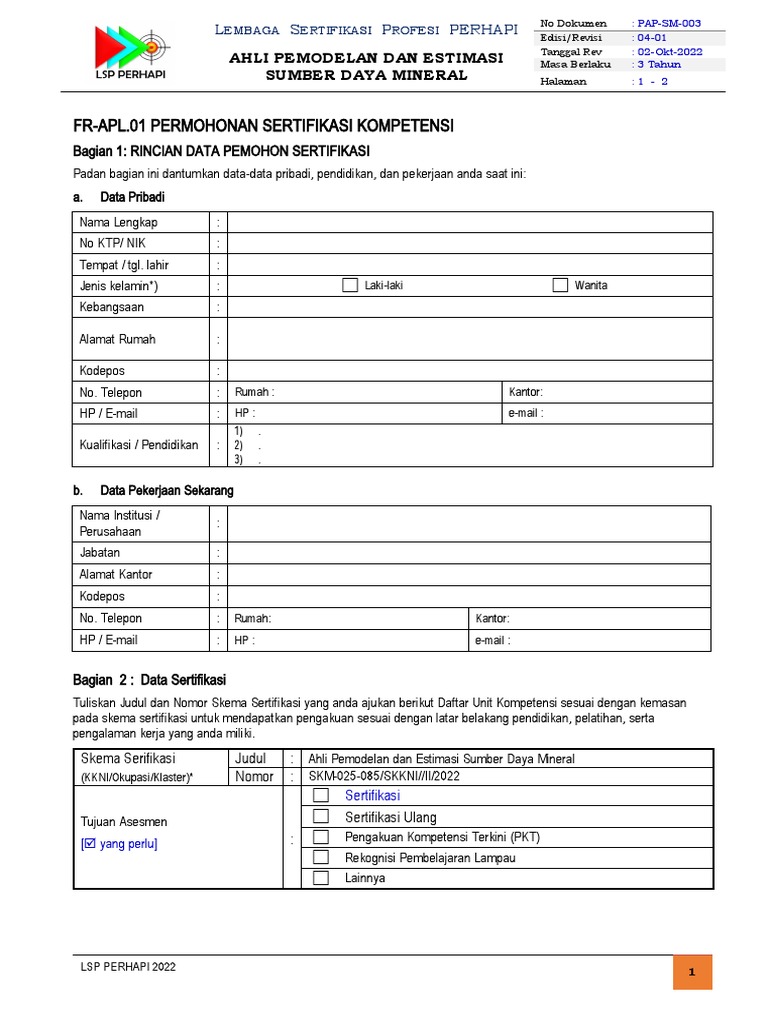 SM 003 - FR - Apl.01 Permohonan Sertifikasi Kompetensi | PDF
