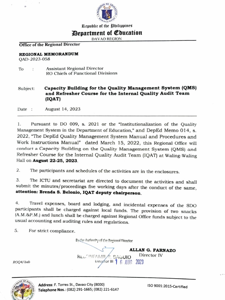 Capacity Building For QMS and Refresher Course For The Internal Quality ...