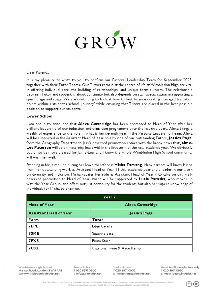 Letter From The Deputy Head Pastoral - Pastoral Leadership Team ...