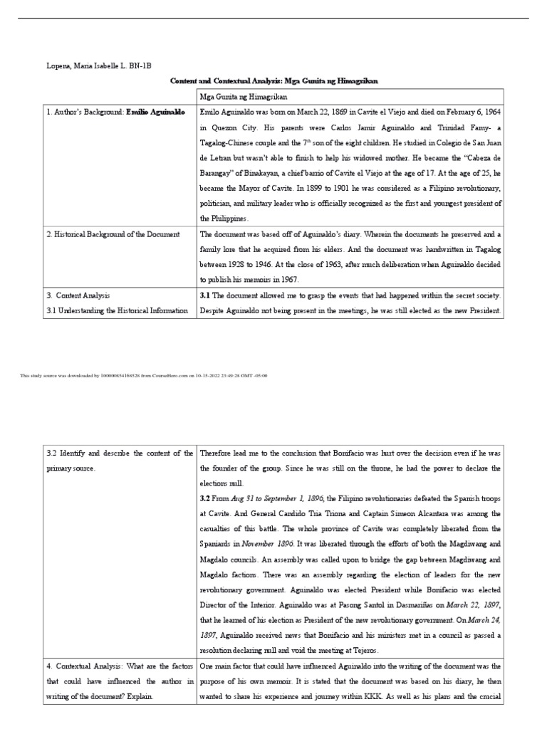 Content and Contextual Analysis Mga Gunita NG Himagsikan PDF | PDF