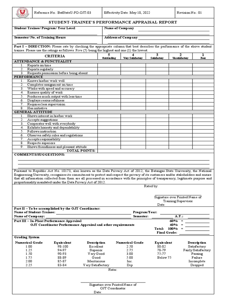 BatStateU FO OJT 03 - Student Trainee - S Performance Appraisal Report ...