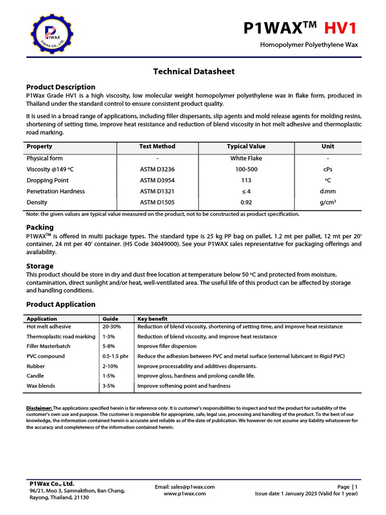 TDS P1Wax HV1 | PDF | Wax | Polyethylene