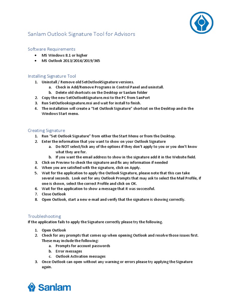 Sanlam Outlook Signature Tool Instructions | PDF