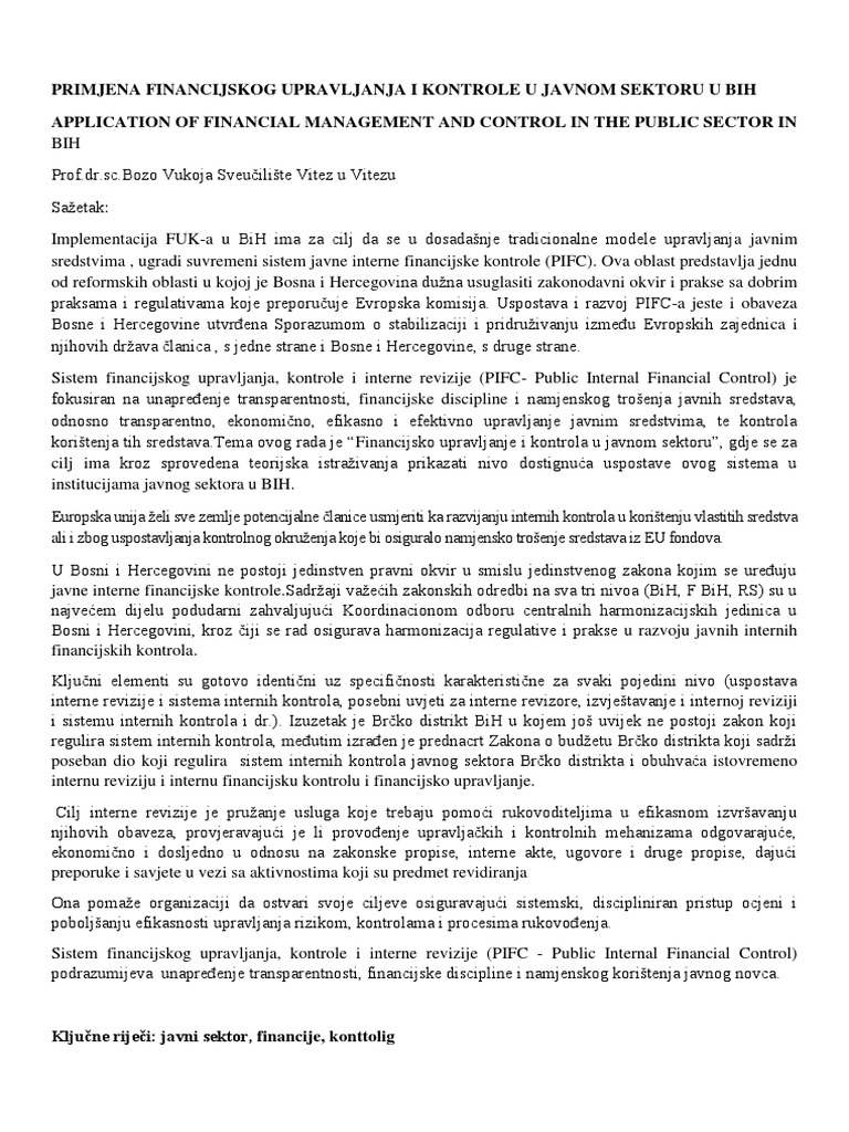 Primjena Financijskog Upravljanja I Kontrole U Javnom Sektoru U BiH | PDF Primjena Financijskog Upravljanja I Kontrole U Javnom Sektoru U BiH | PDF