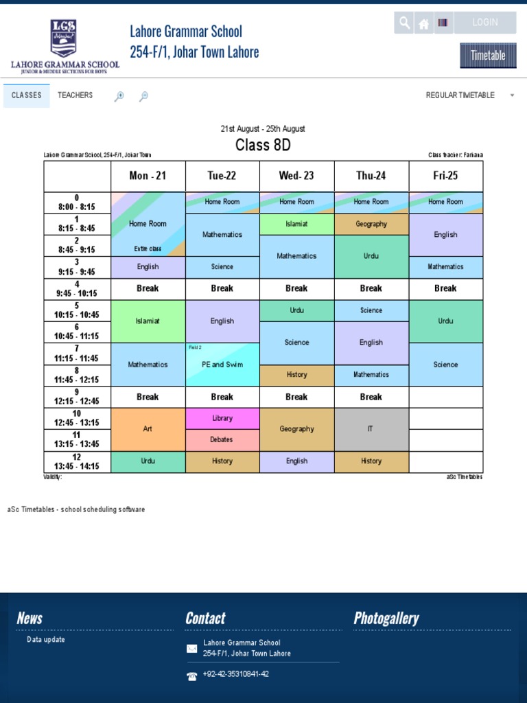 Timetable Lahore Grammar School 2 | PDF